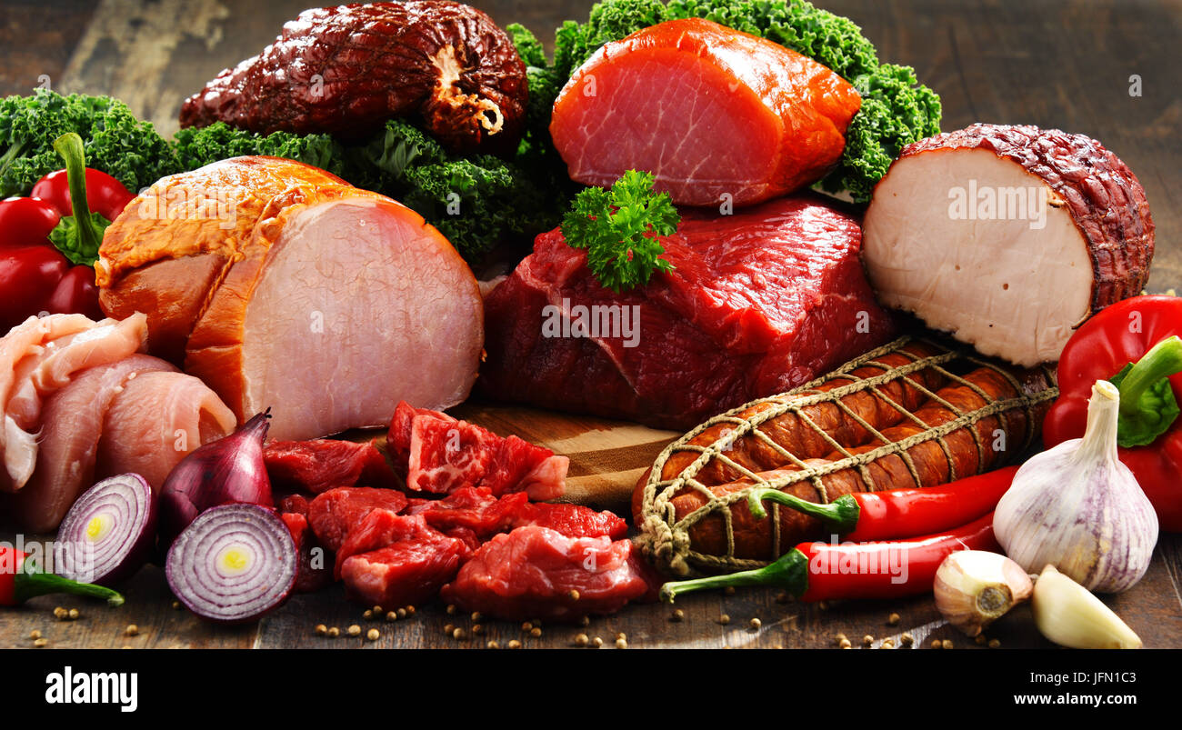 Variety of meat products including ham and sausages Stock Photo - Alamy