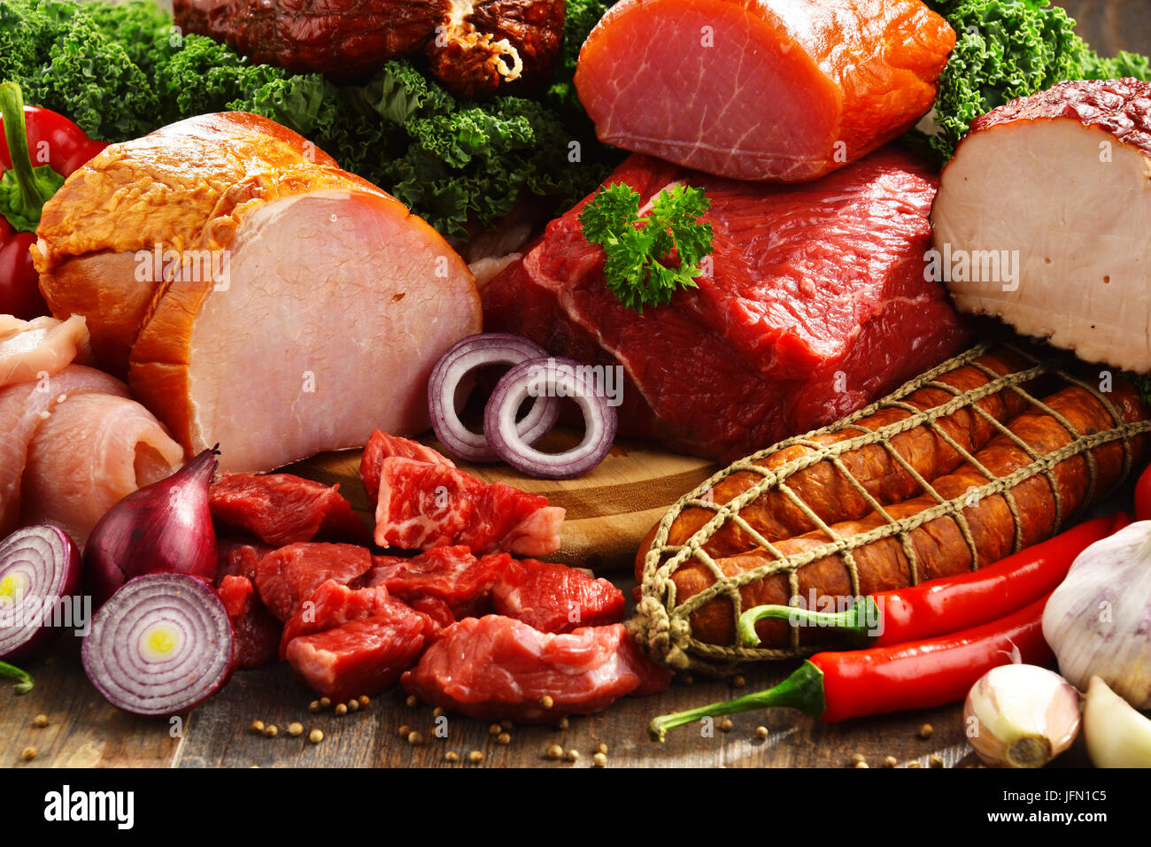 Variety of meat products including ham and sausages Stock Photo - Alamy