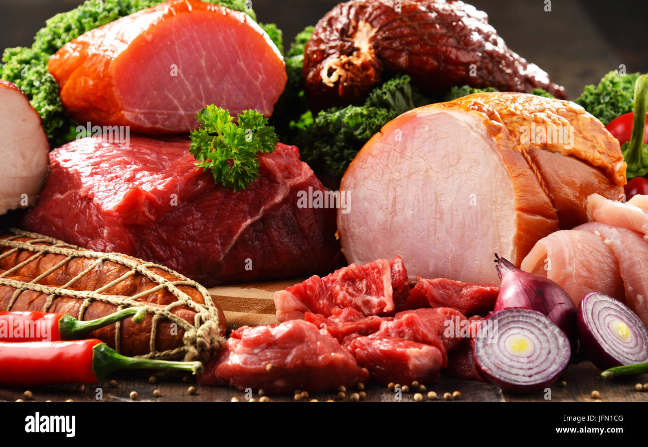 Variety of meat products including ham and sausages Stock Photo - Alamy