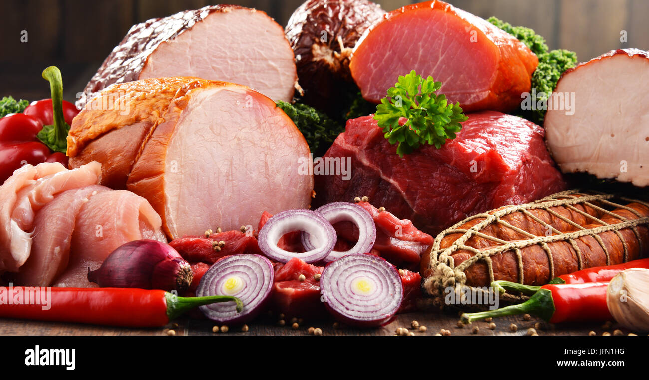 Variety of meat products including ham and sausages Stock Photo - Alamy