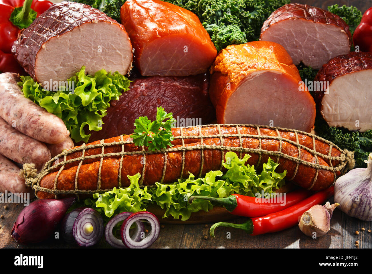 Variety of meat products including ham and sausages Stock Photo - Alamy