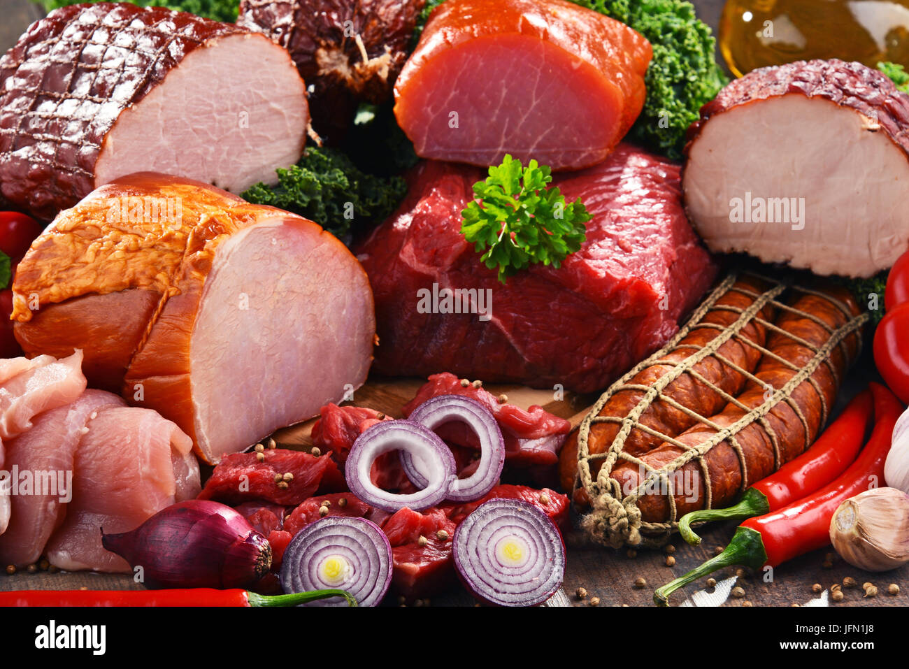 Variety of meat products including ham and sausages Stock Photo - Alamy