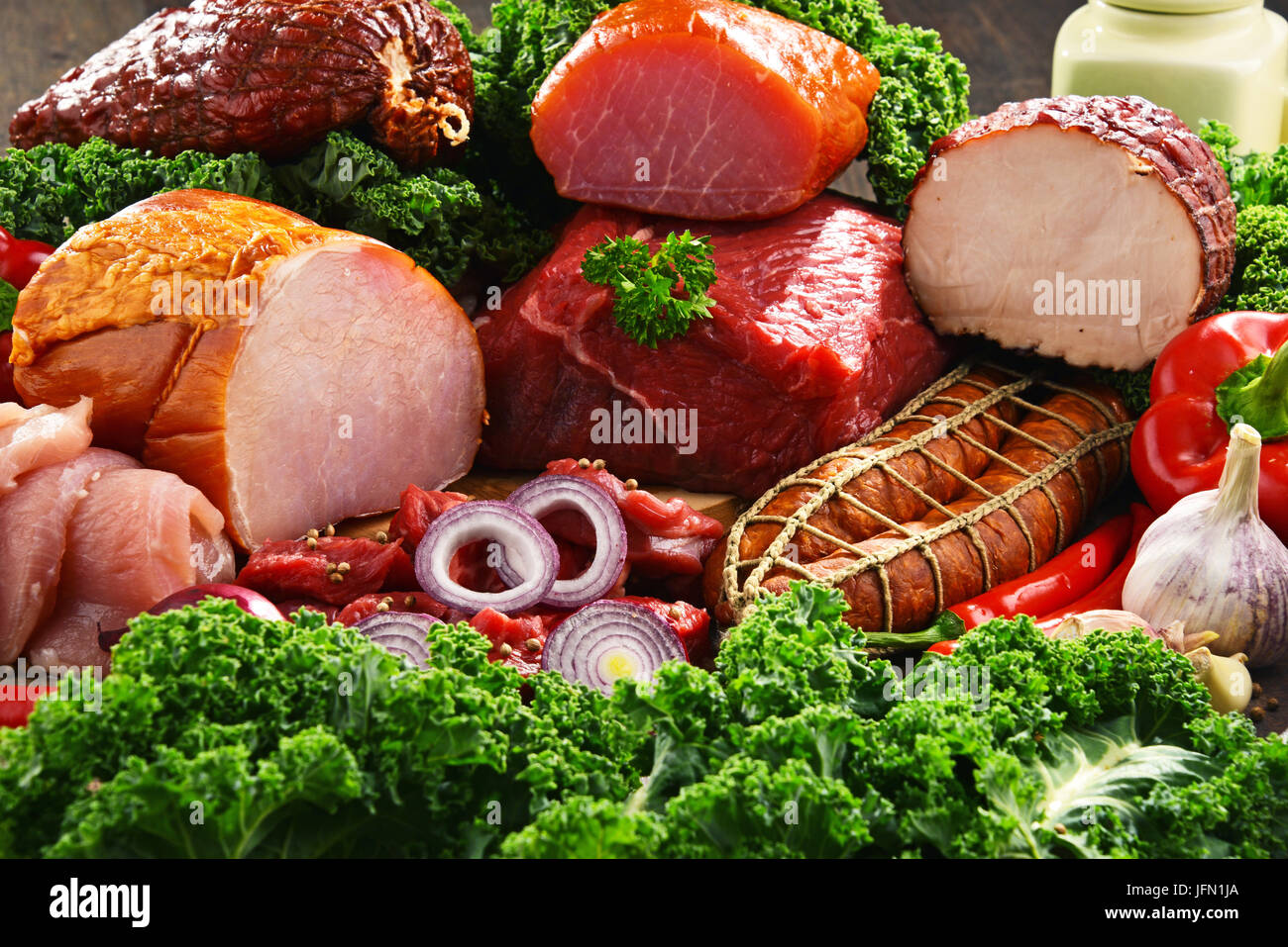 Variety of meat products including ham and sausages Stock Photo - Alamy