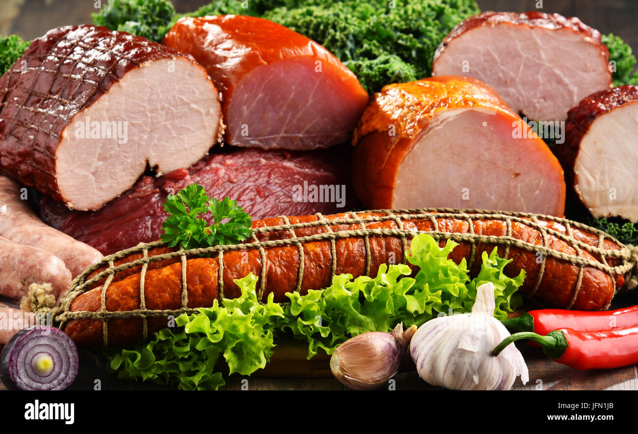 Variety of meat products including ham and sausages Stock Photo - Alamy