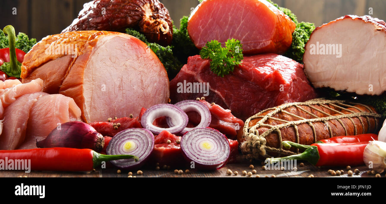 Variety of meat products including ham and sausages Stock Photo - Alamy