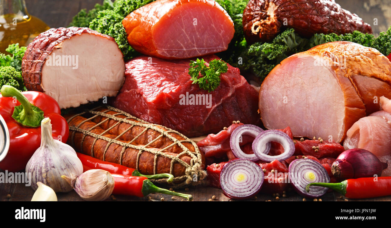 Variety of meat products including ham and sausages Stock Photo - Alamy