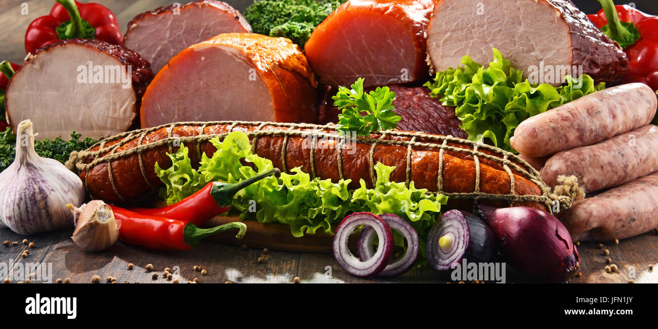 Variety of meat products including ham and sausages Stock Photo - Alamy