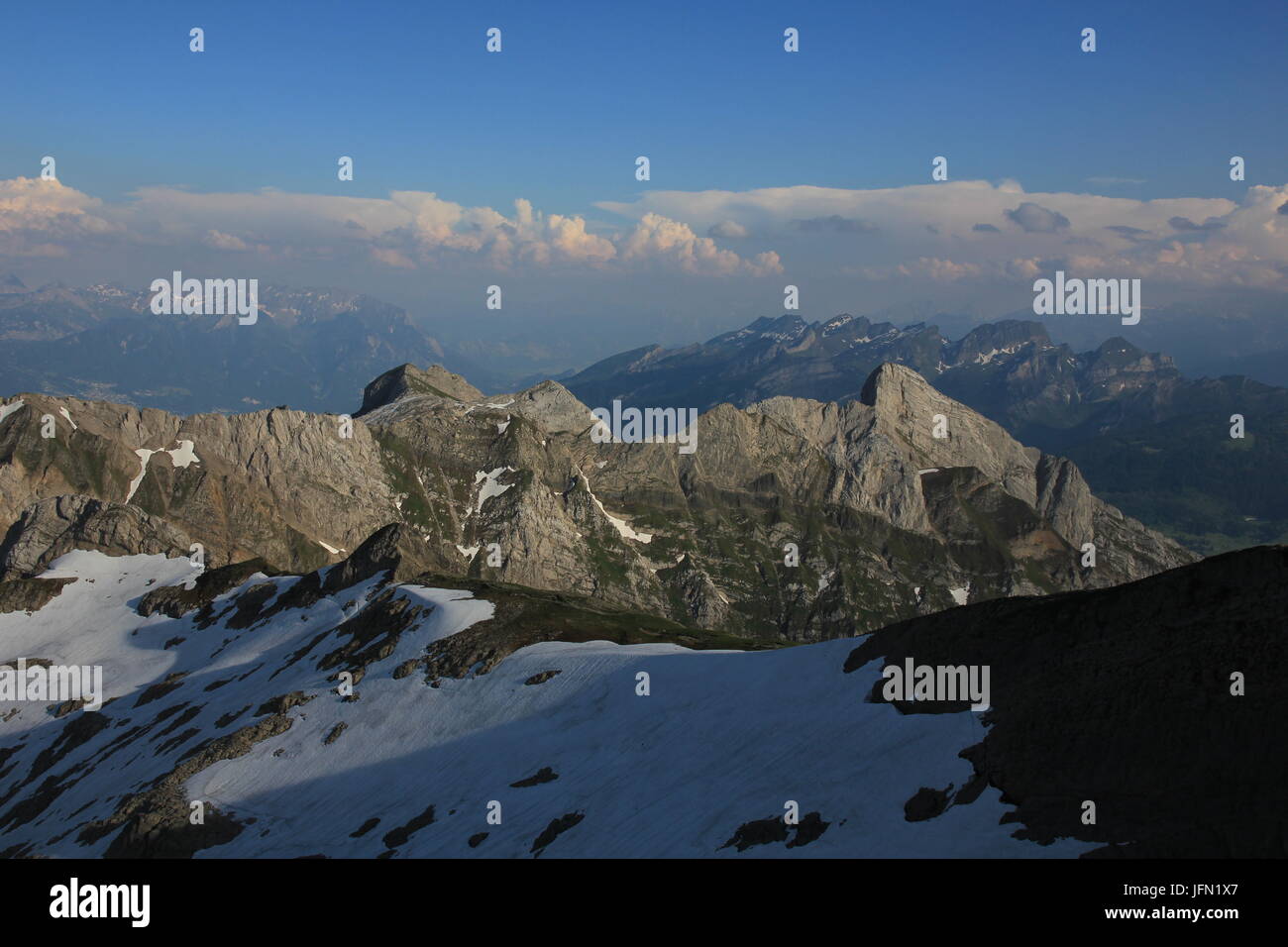 Evening scene in Appenzell. Mountains of the Alpstein Range seen from ...