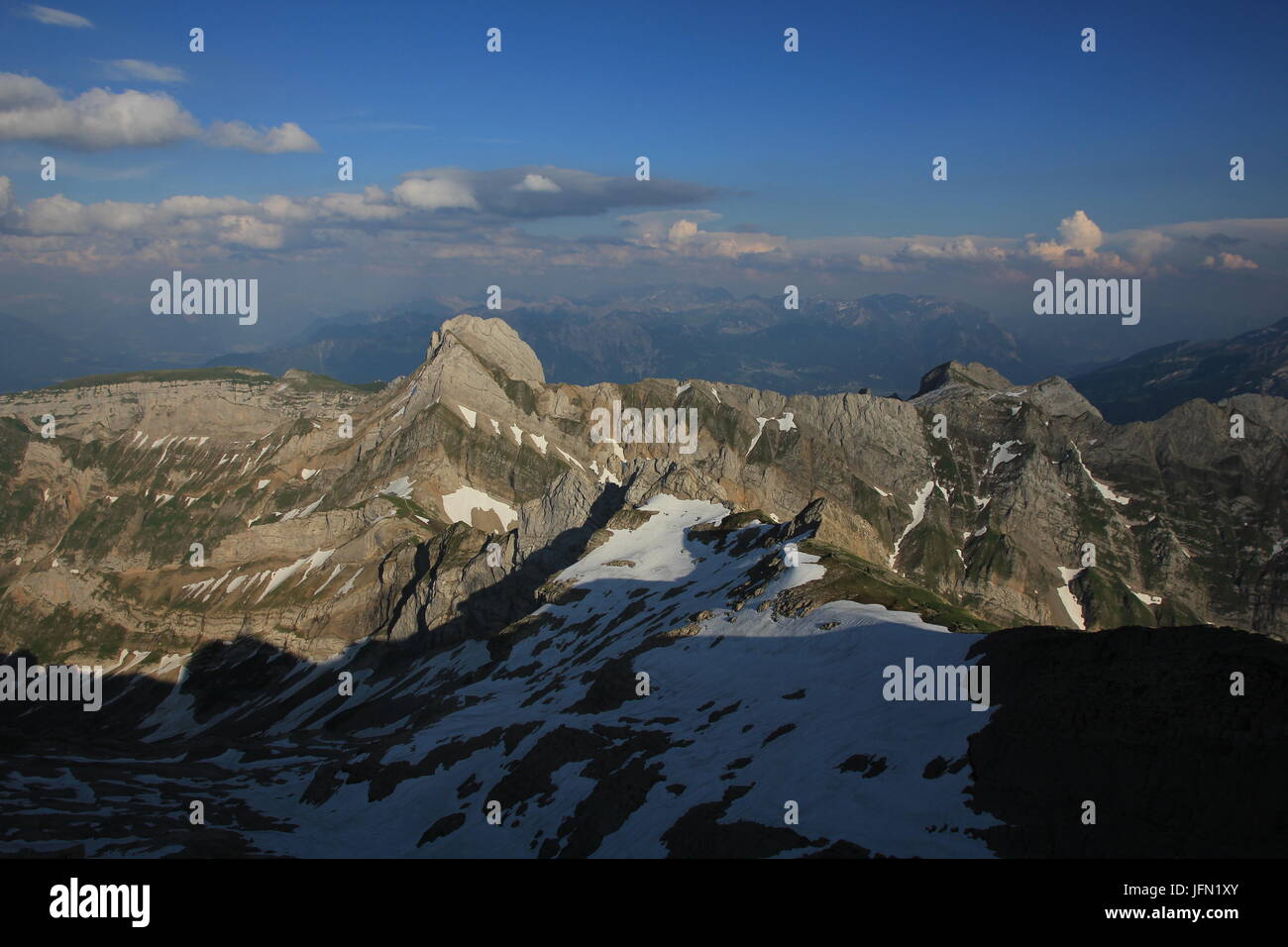 Evening scene in Appenzell. Mountains of the Alpstein Range seen from ...