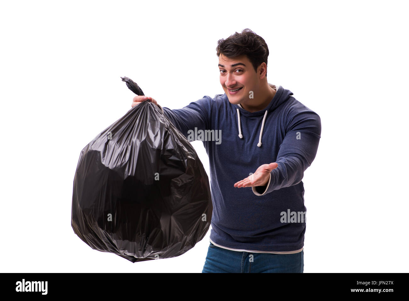 The man with garbage sack isolated on white Stock Photo - Alamy