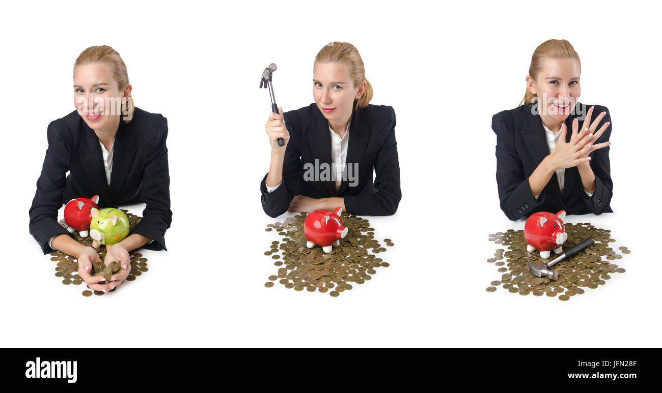 The woman breaking piggy bank for savings Stock Photo - Alamy