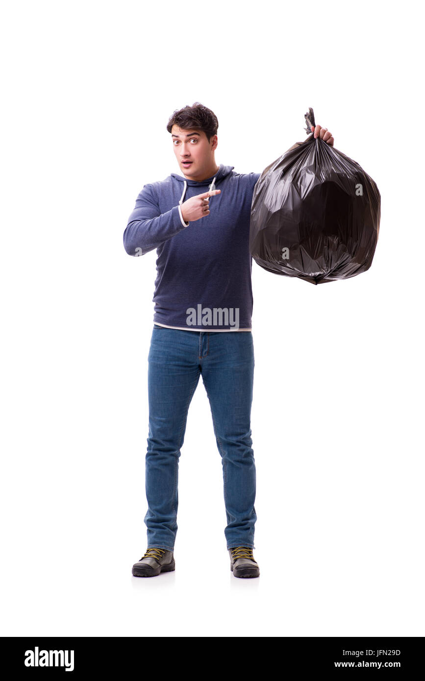 The man with garbage sack isolated on white Stock Photo - Alamy