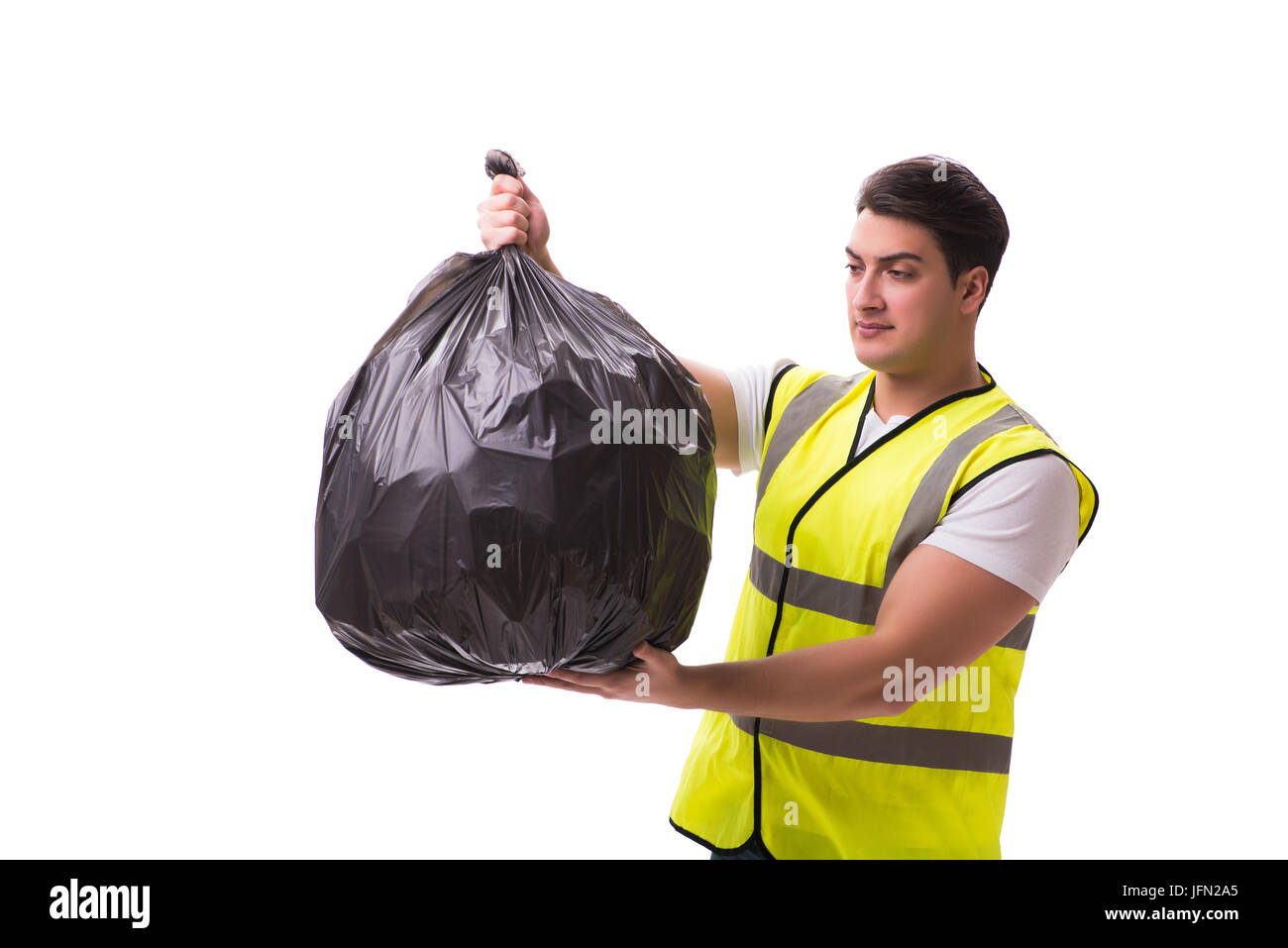 The man with garbage sack isolated on white Stock Photo - Alamy