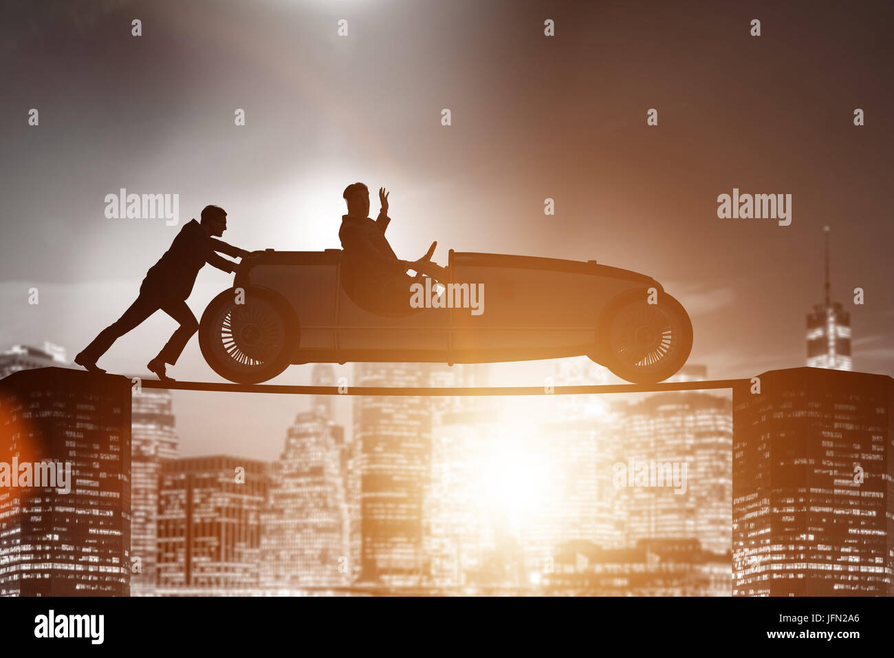 The teamwork concept with businessman pushing car Stock Photo - Alamy