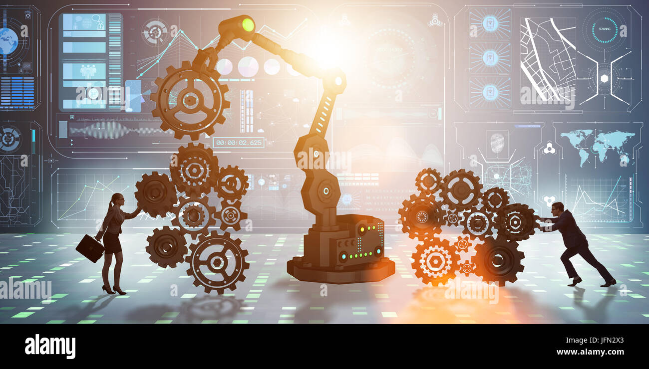 The businesspeople with cogwheel and robotic arm Stock Photo - Alamy
