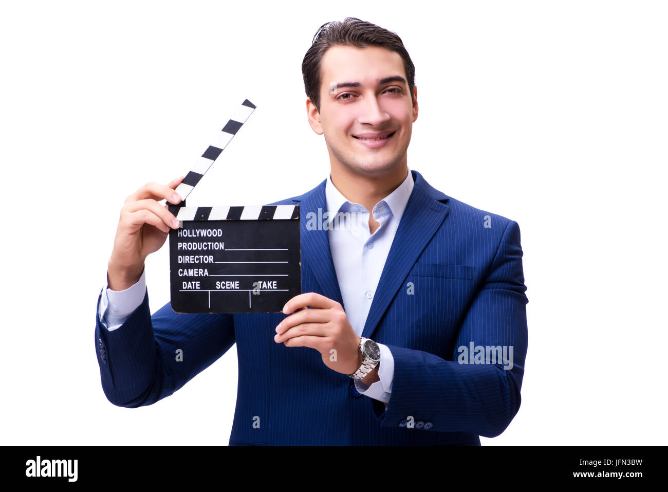 The handsome man with movie clapper isolated on white Stock Photo - Alamy