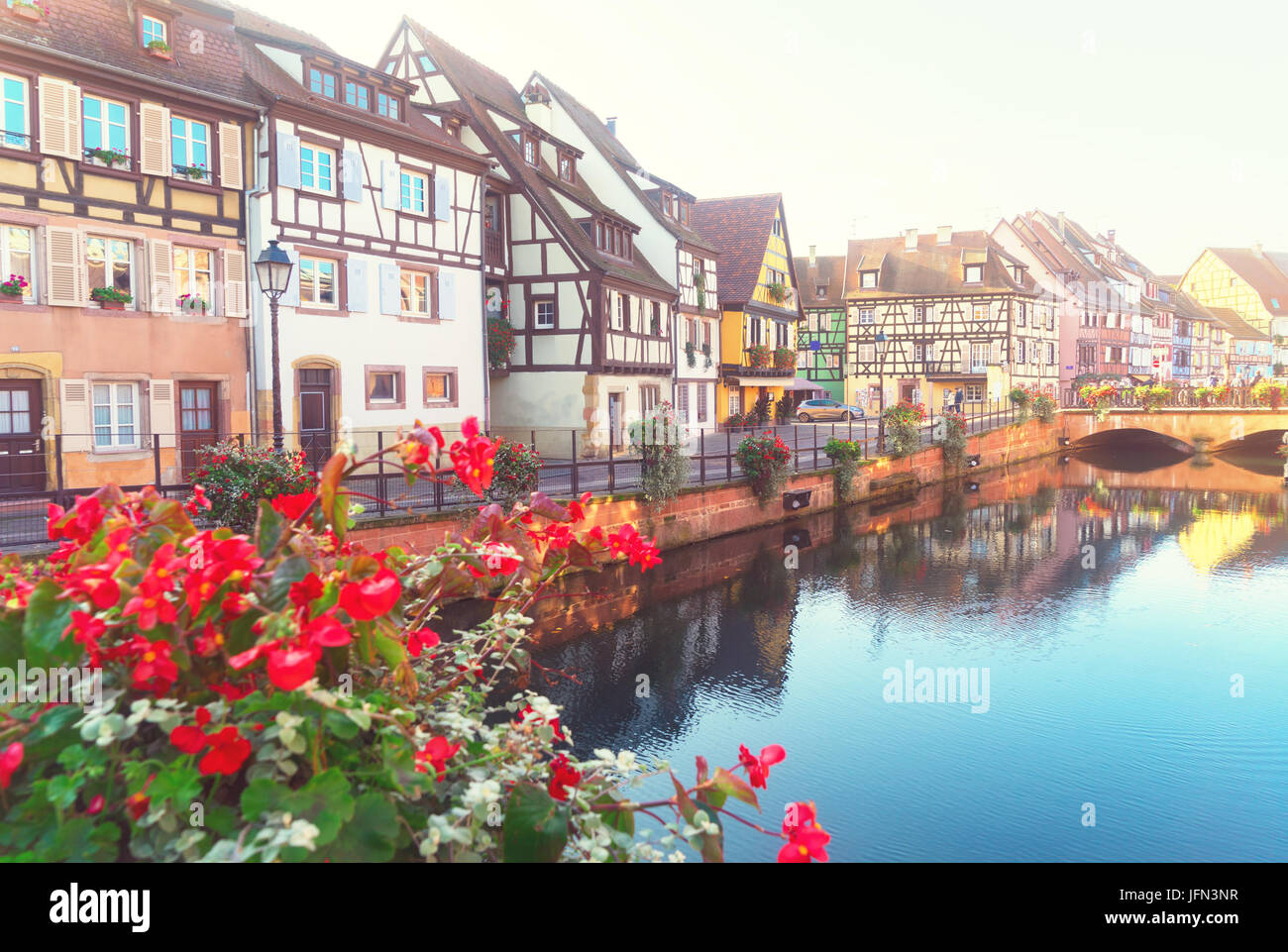 view of canal, Colmar, most famous town of Alsace, France, retro toned ...