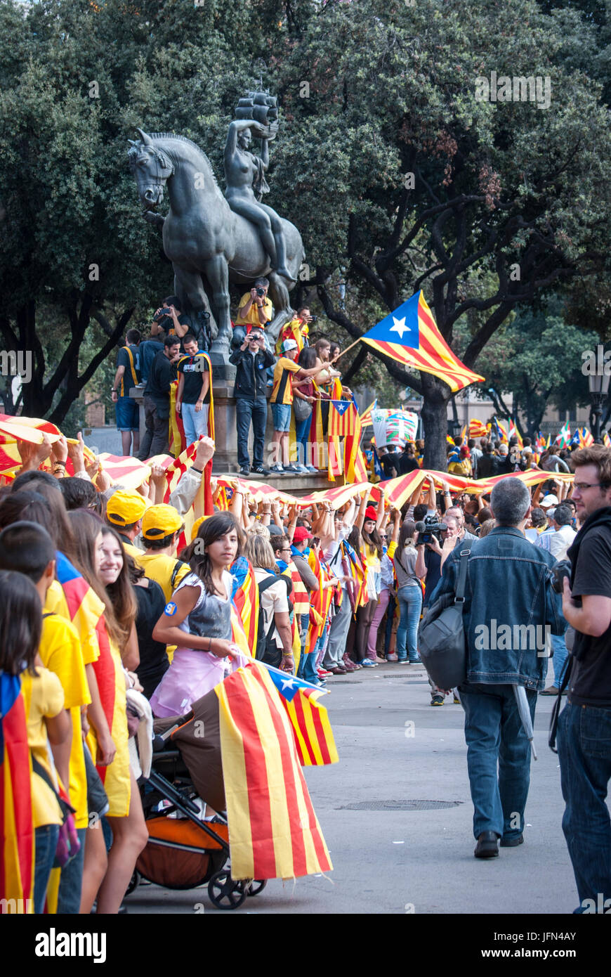 BARCELONA, SPAIN - SEPTEMBER 11: People joining the human chain ...