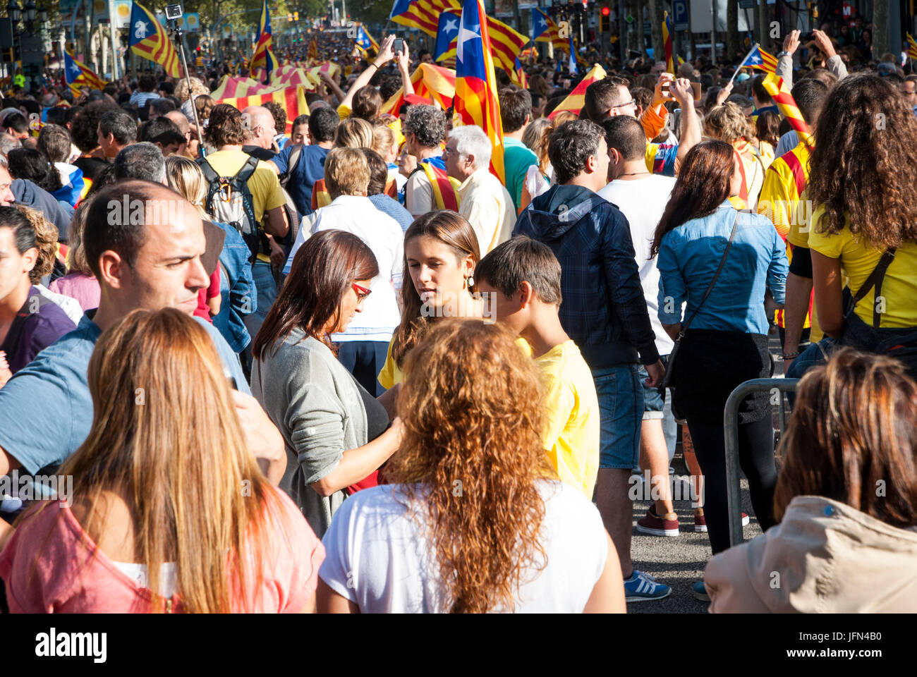 BARCELONA, SPAIN - SEPTEMBER 11: People joining the human chain ...