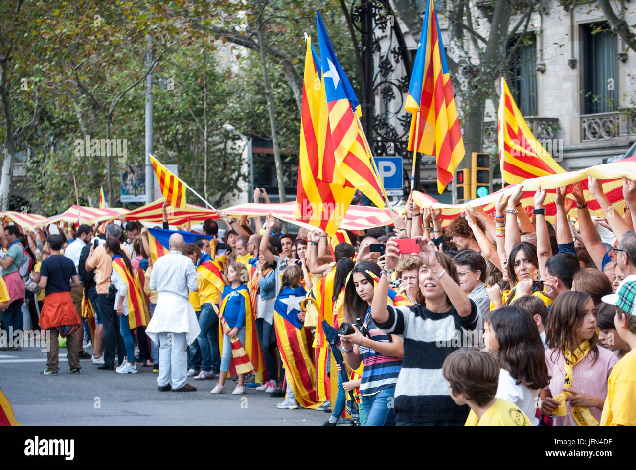 BARCELONA, SPAIN - SEPTEMBER 11: People joining the human chain ...