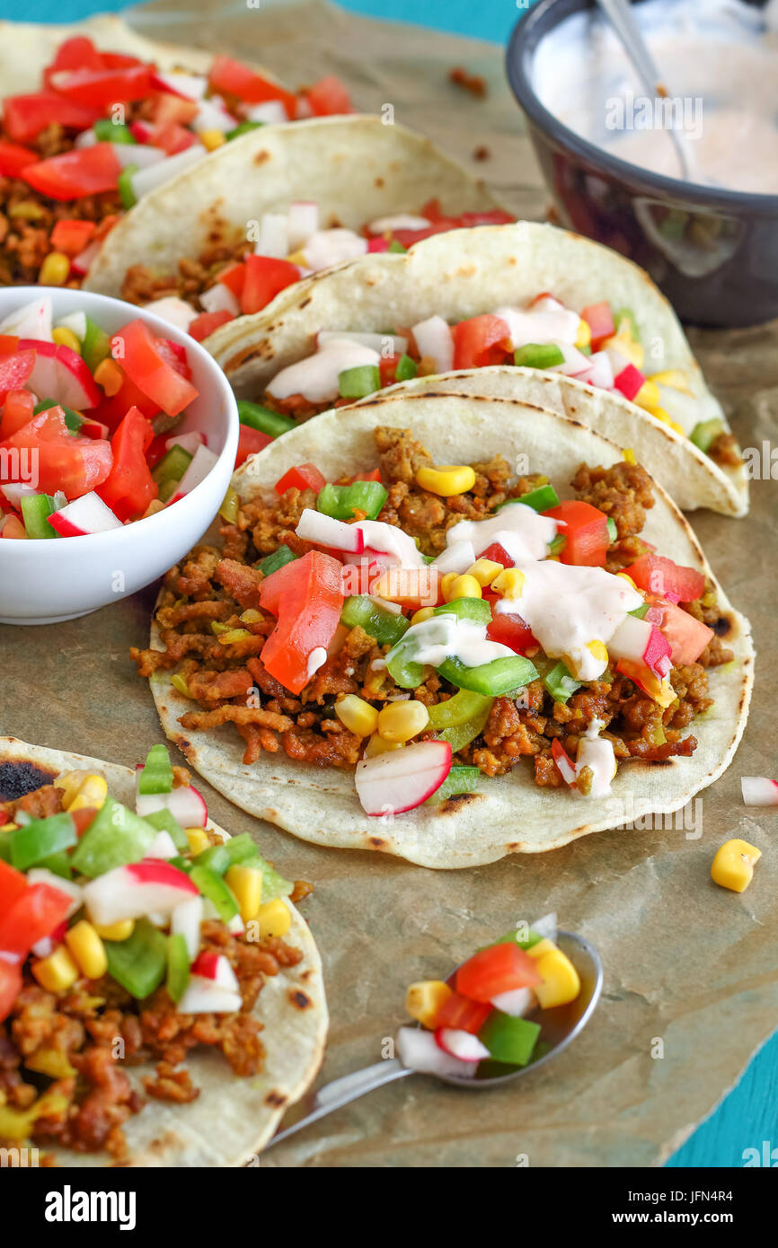 Colorful Beef Tacos with Salsa Stock Photo - Alamy