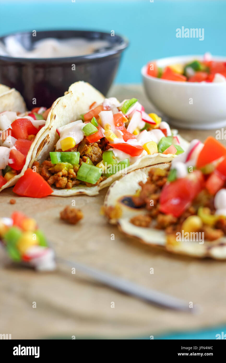 Colorful Beef Tacos with Salsa Stock Photo - Alamy