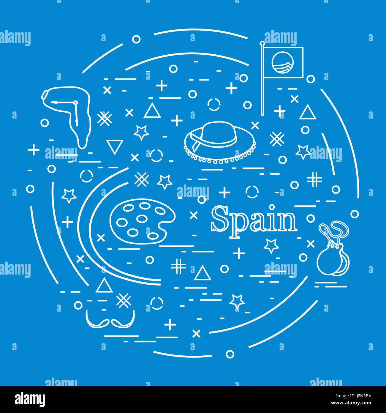 Vector illustration with various symbols of Spain arranged in a circle ...