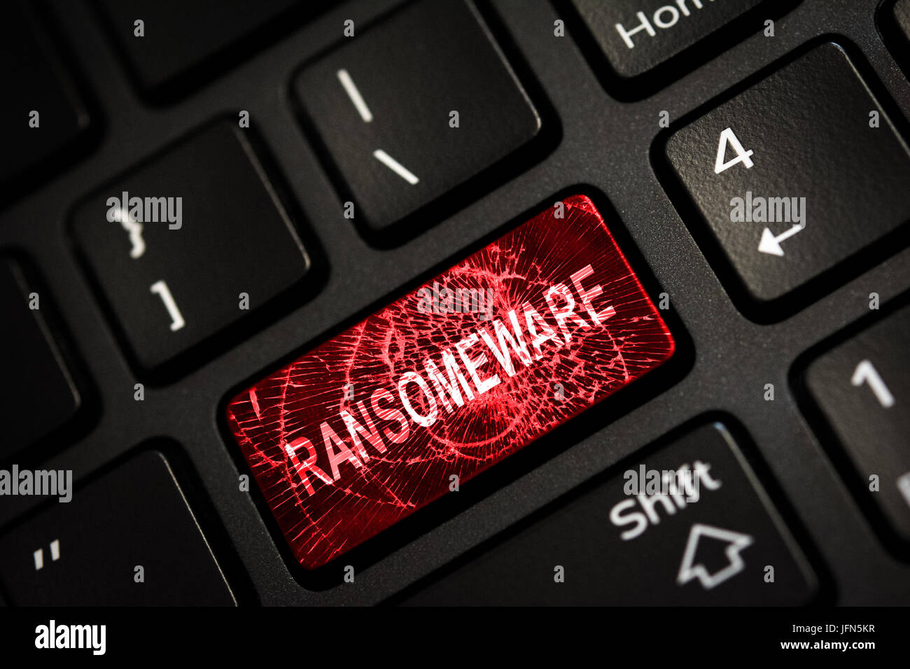Message on broken red enter key of keyboard. Computer ransomeware virus ...