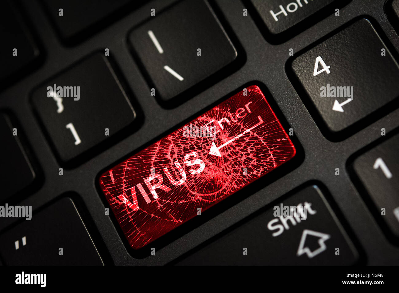 Message on broken red enter key of keyboard. Computer virus attack ...