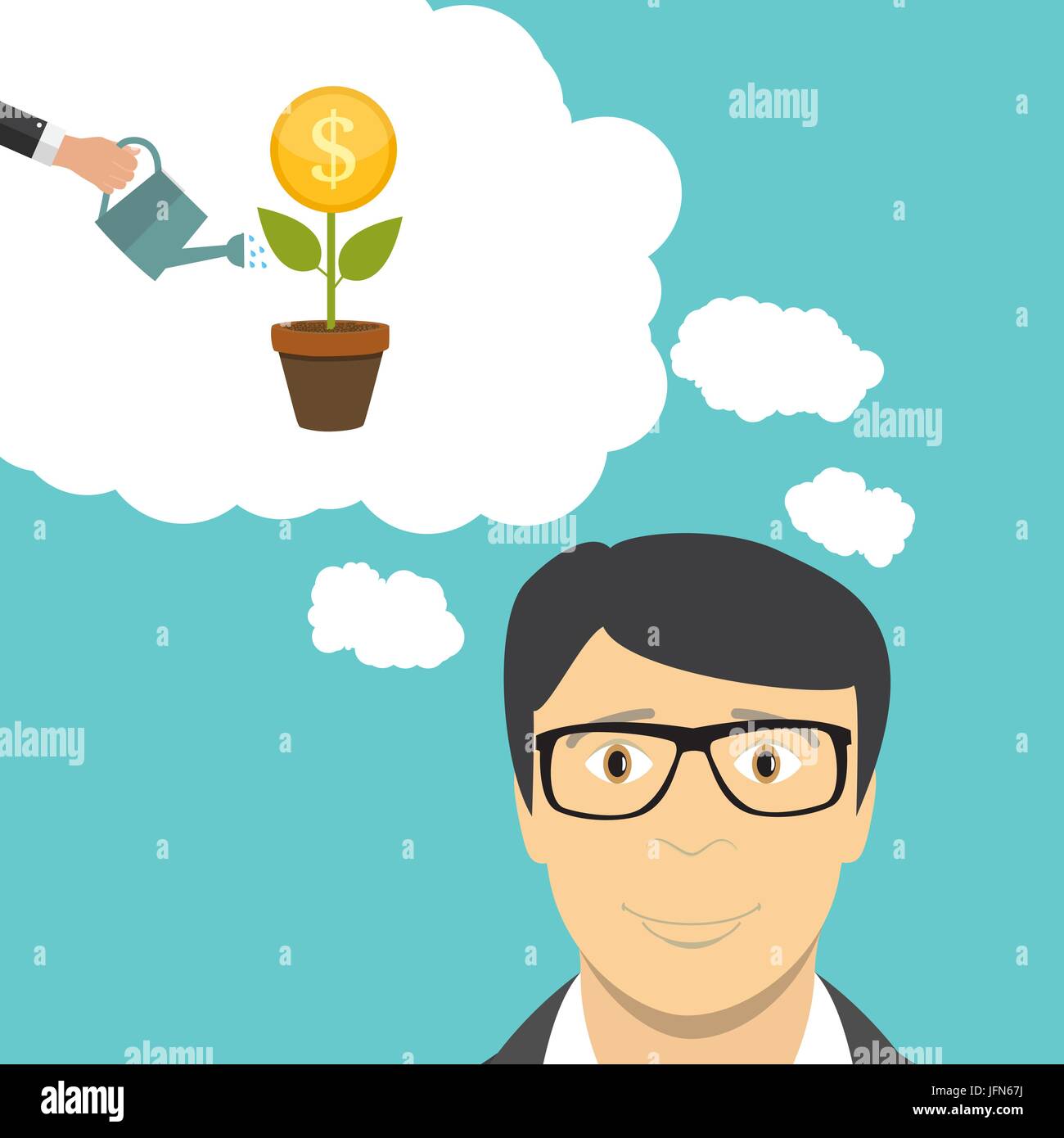 Cartoon illustration businessman thinking money hi-res stock ...
