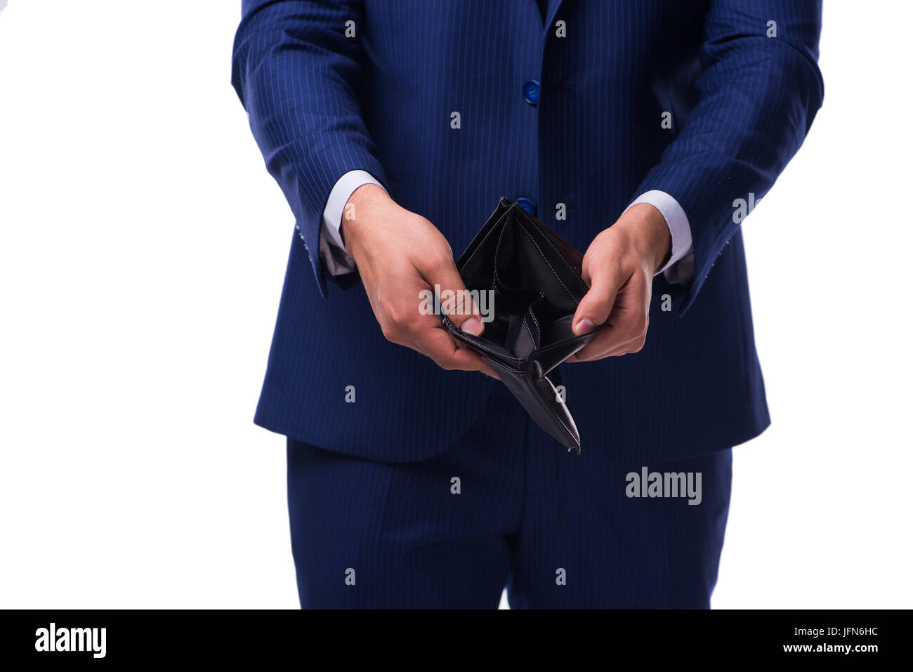 Bankrupt broke businessman with empty wallet on white background Stock ...