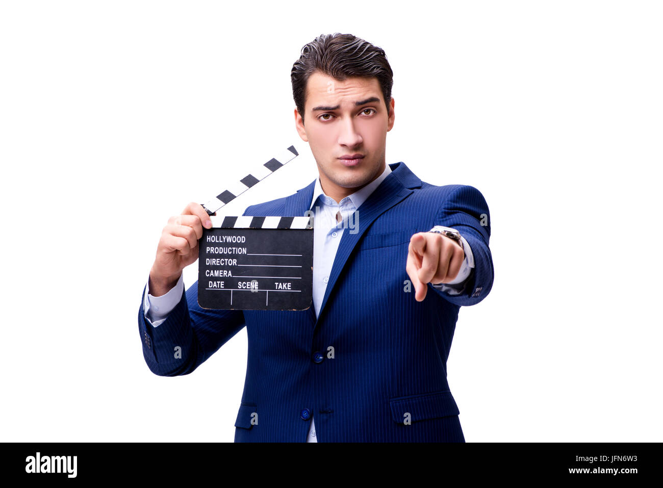 Handsome man with movie clapper isolated on white Stock Photo - Alamy