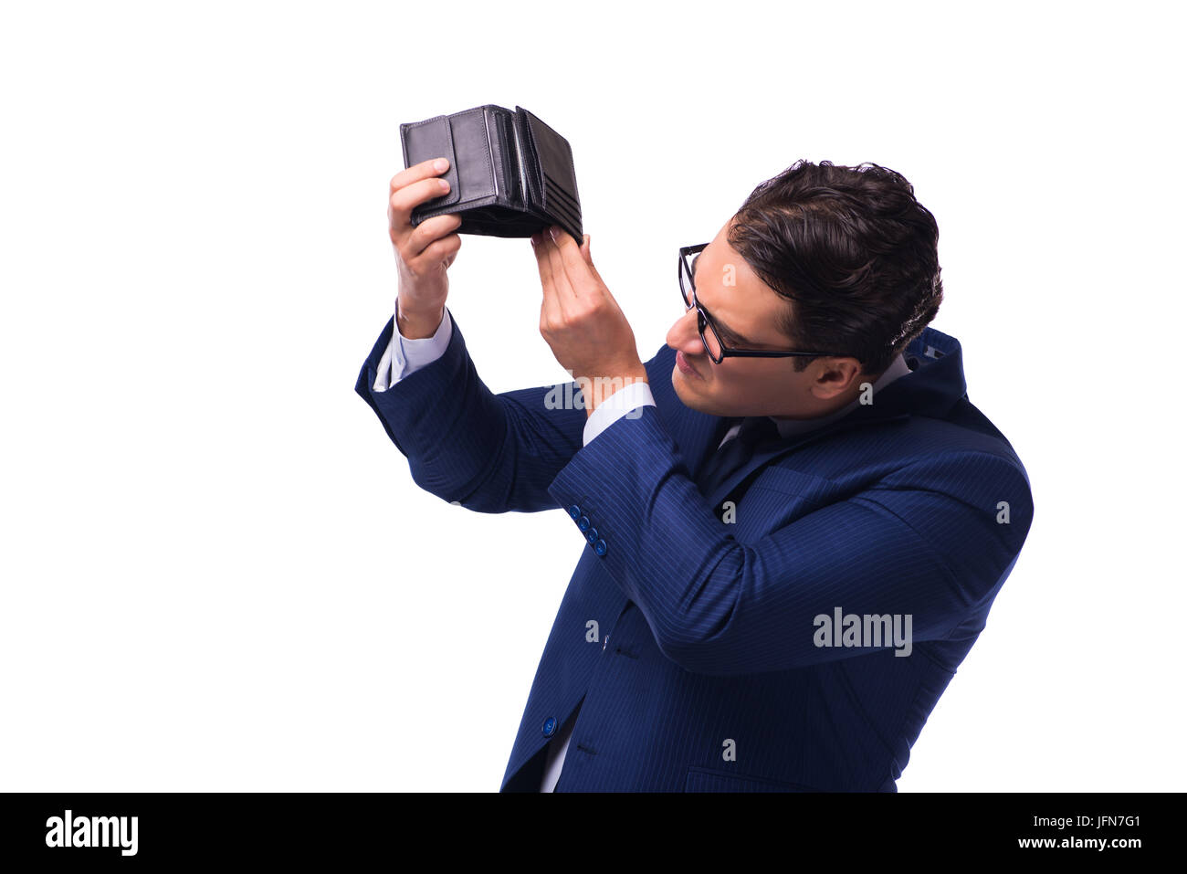 Bankrupt broke businessman with empty wallet on white background Stock ...