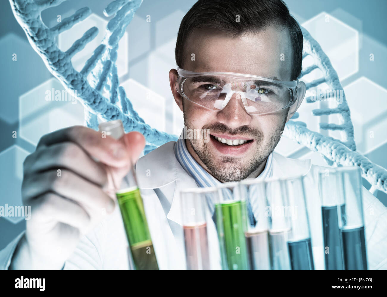 Handsome scientist making research over dna molecule structure Stock ...
