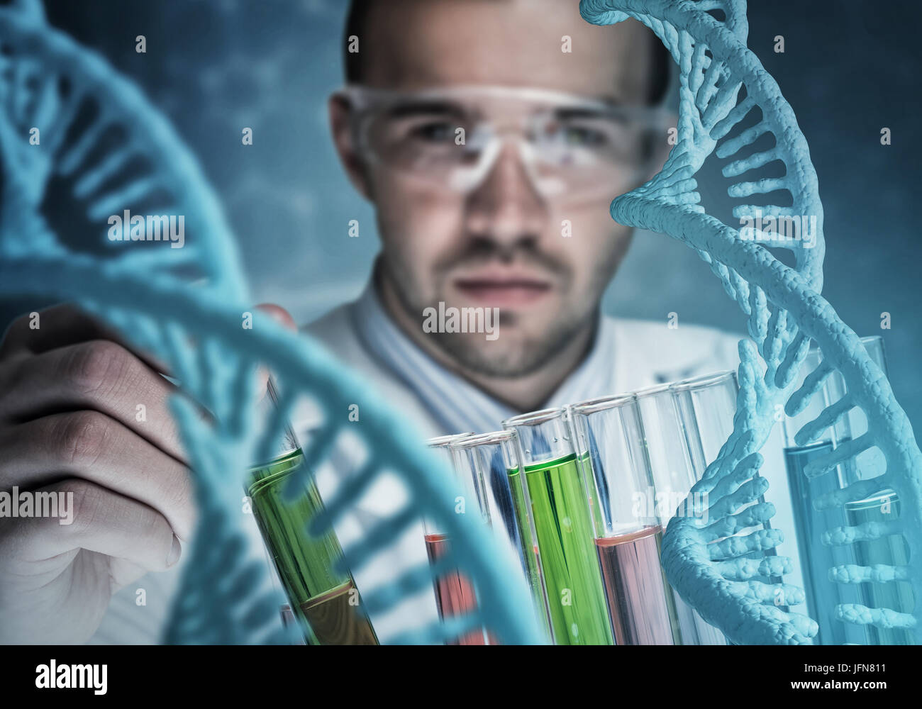 Handsome Scientist Making Research Over Dna Molecule Structure Stock