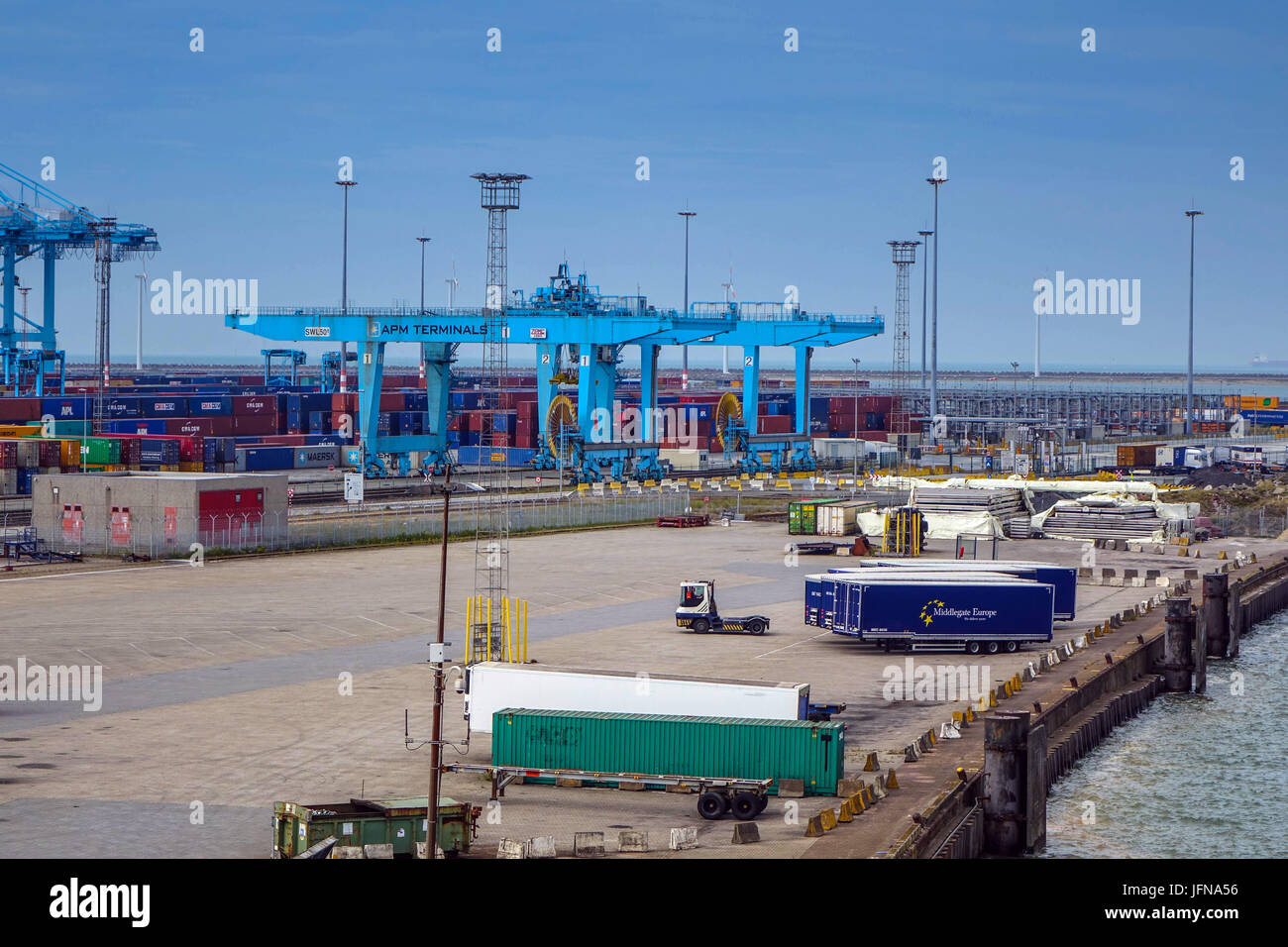 Huge cranes and containers, container terminal, Zeebrugge, Belgium ...