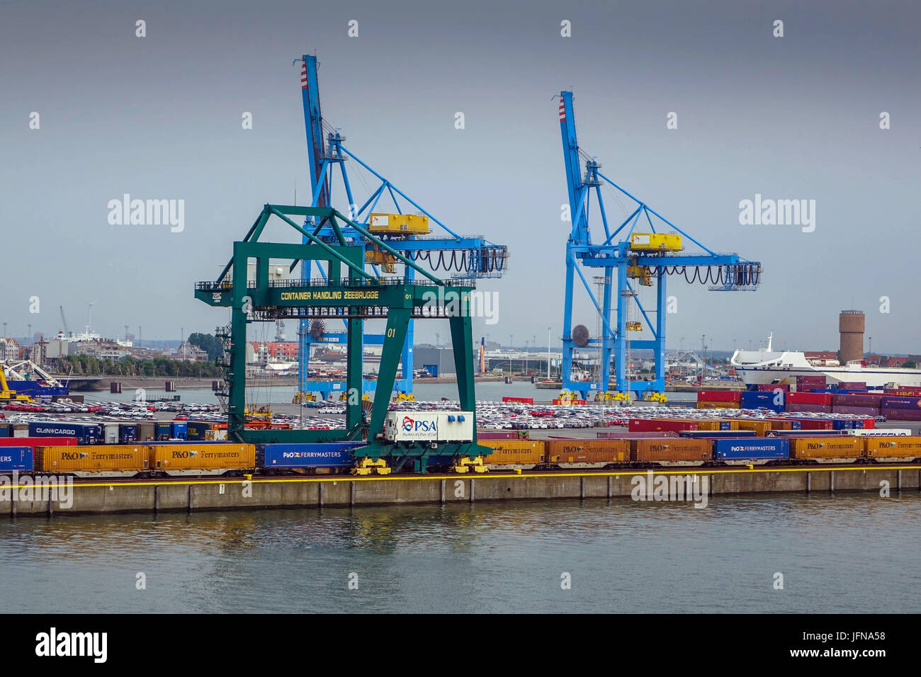 Huge cranes and containers, container terminal, Zeebrugge, Belgium ...