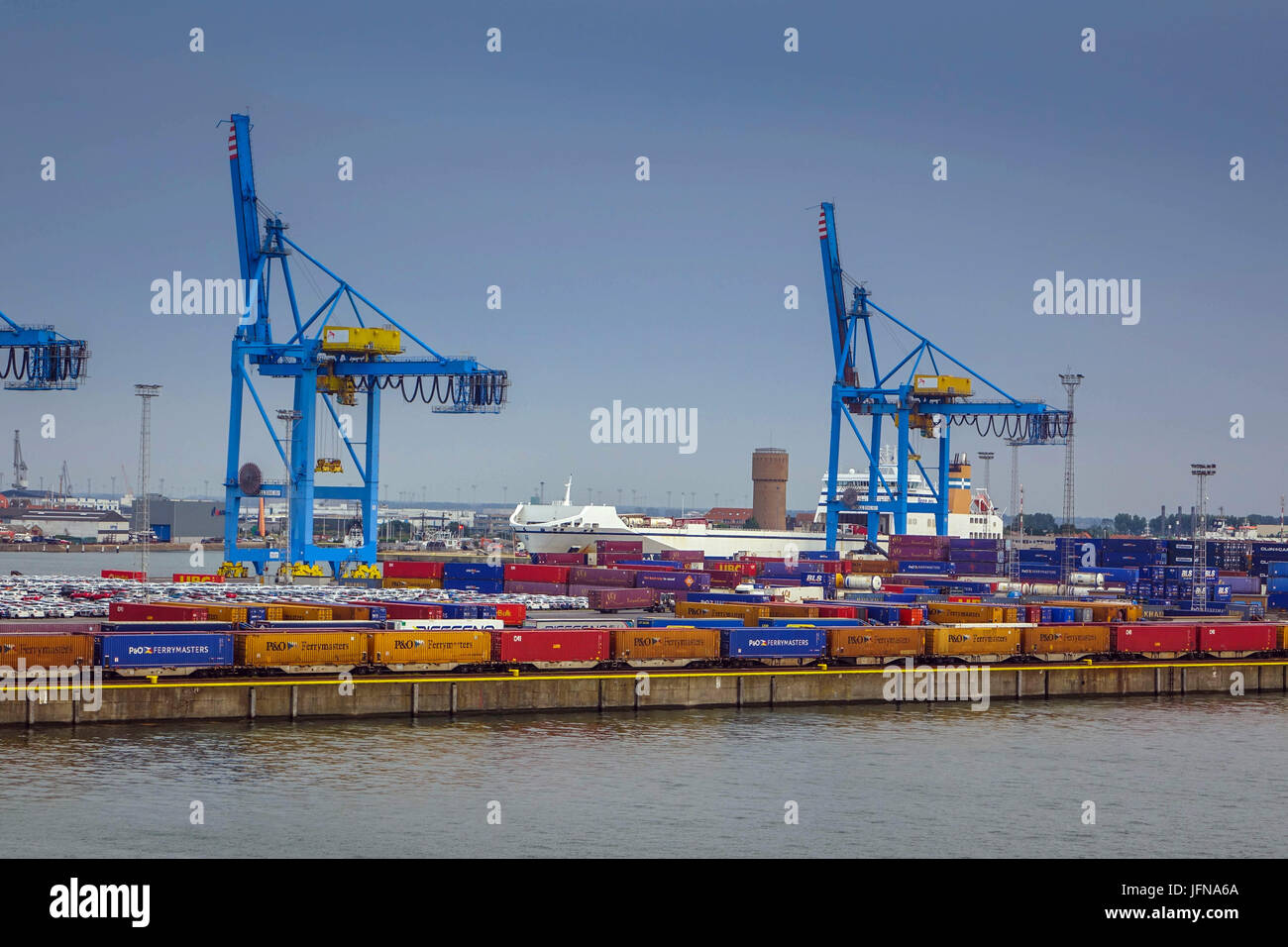 Huge cranes and containers, container terminal, Zeebrugge, Belgium ...