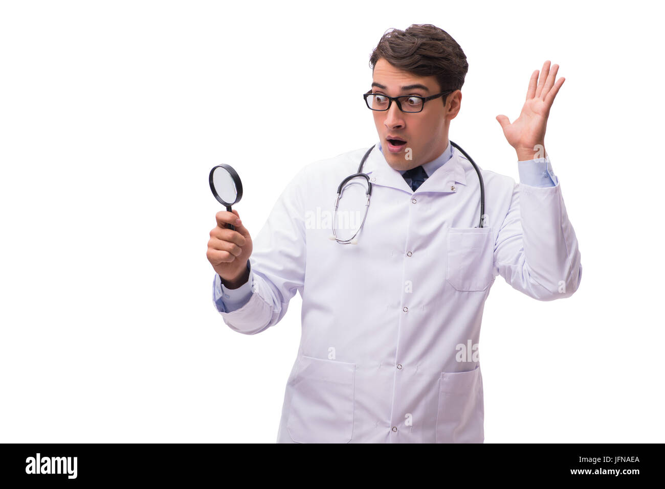 Doctor with magnifying glass on white background Stock Photo - Alamy