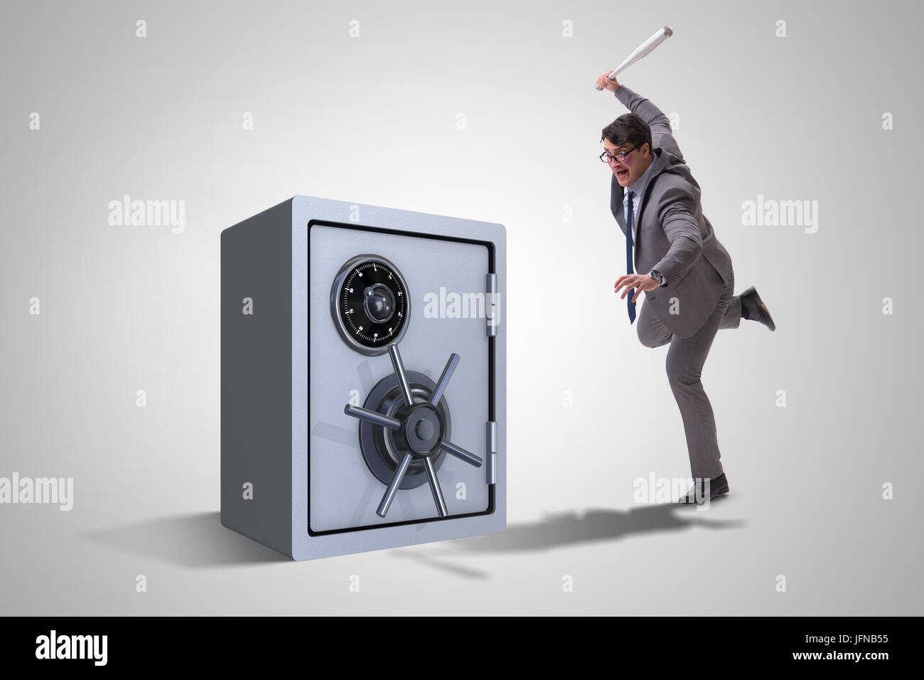 Angry man with baseball bat hitting money safe Stock Photo - Alamy