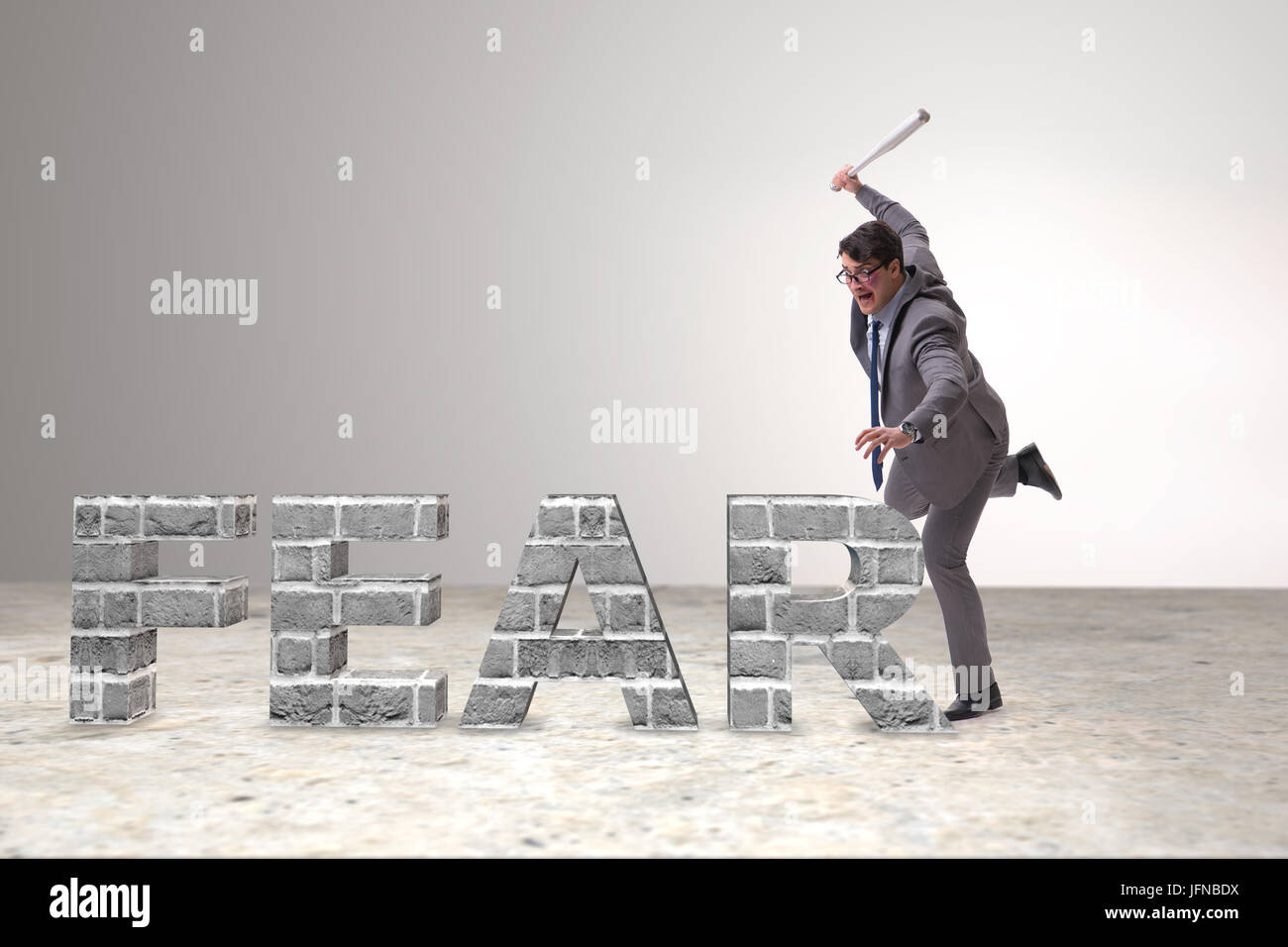 Angry man with baseball bat hitting fear word Stock Photo - Alamy