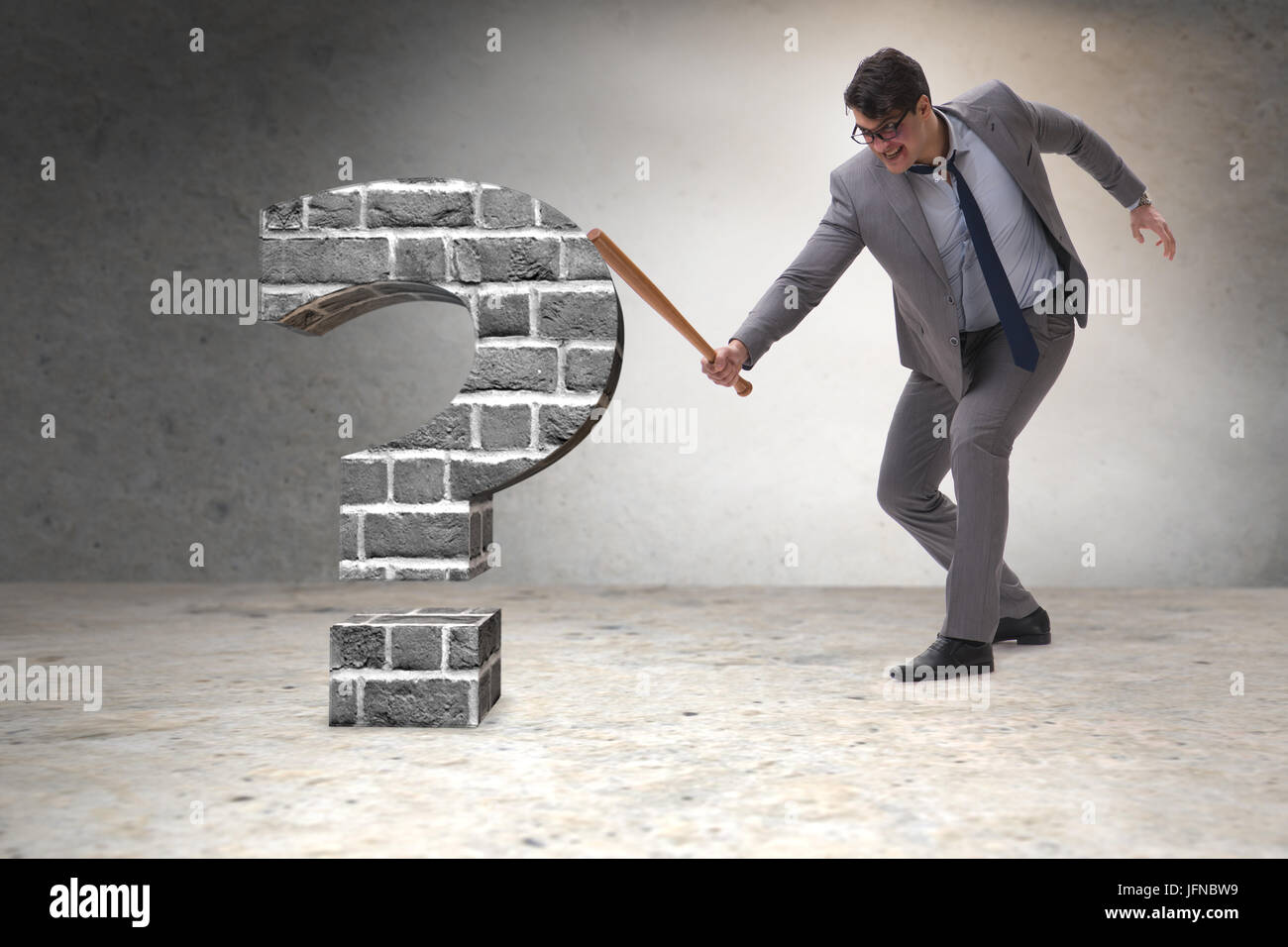 Angry man with baseball bat hitting question mark Stock Photo - Alamy
