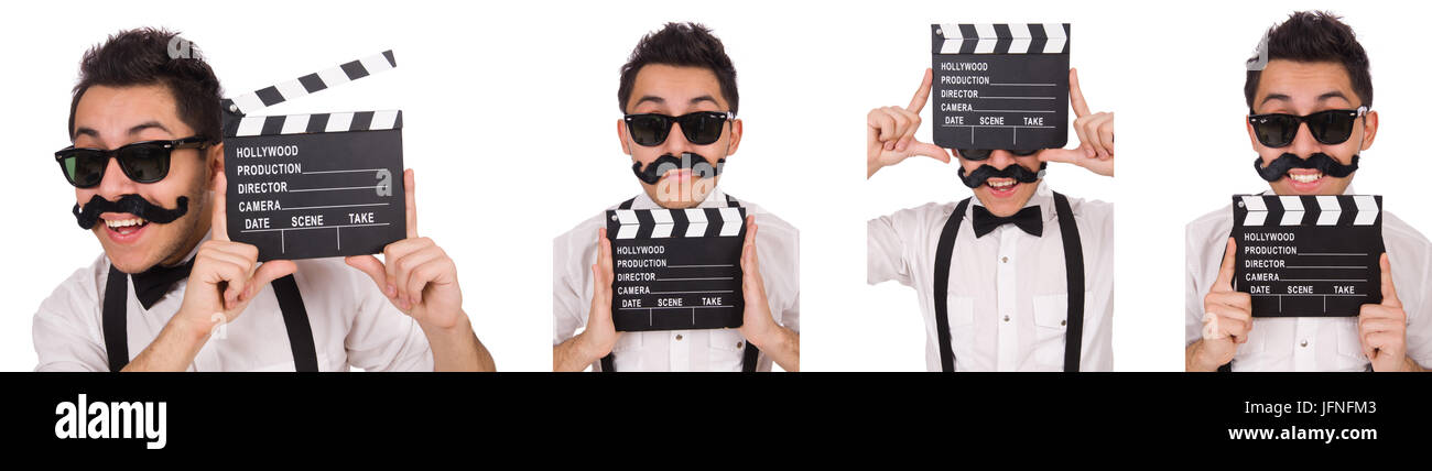Whiskered young man with clapperboard isolated on white Stock Photo - Alamy