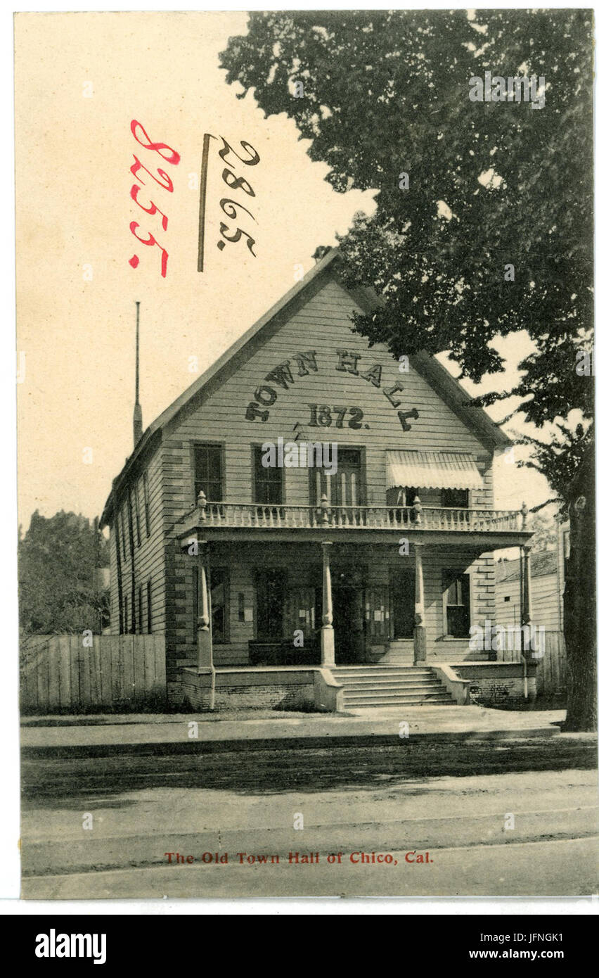 A postcard from 1906 depicting the Old Town Hall of Chico, California ...