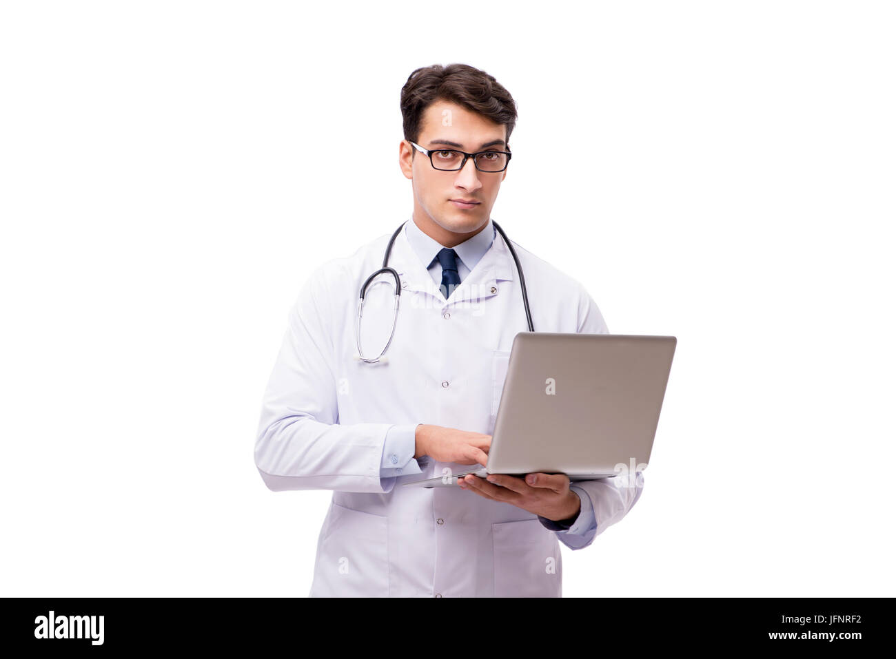 Doctor with laptop isolated on white background Stock Photo - Alamy