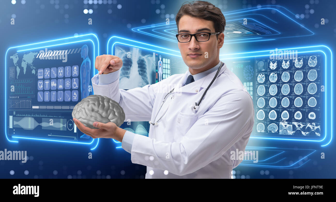 Male doctor with the brain in medical concept Stock Photo - Alamy