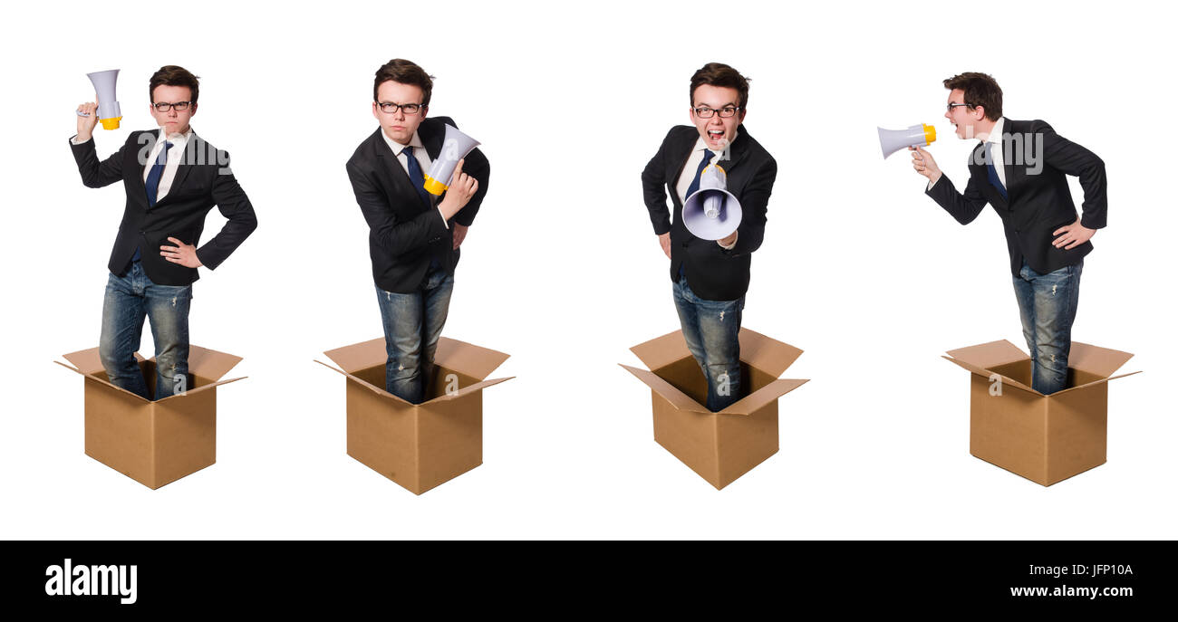 Man with loudspeaker in the box Stock Photo - Alamy
