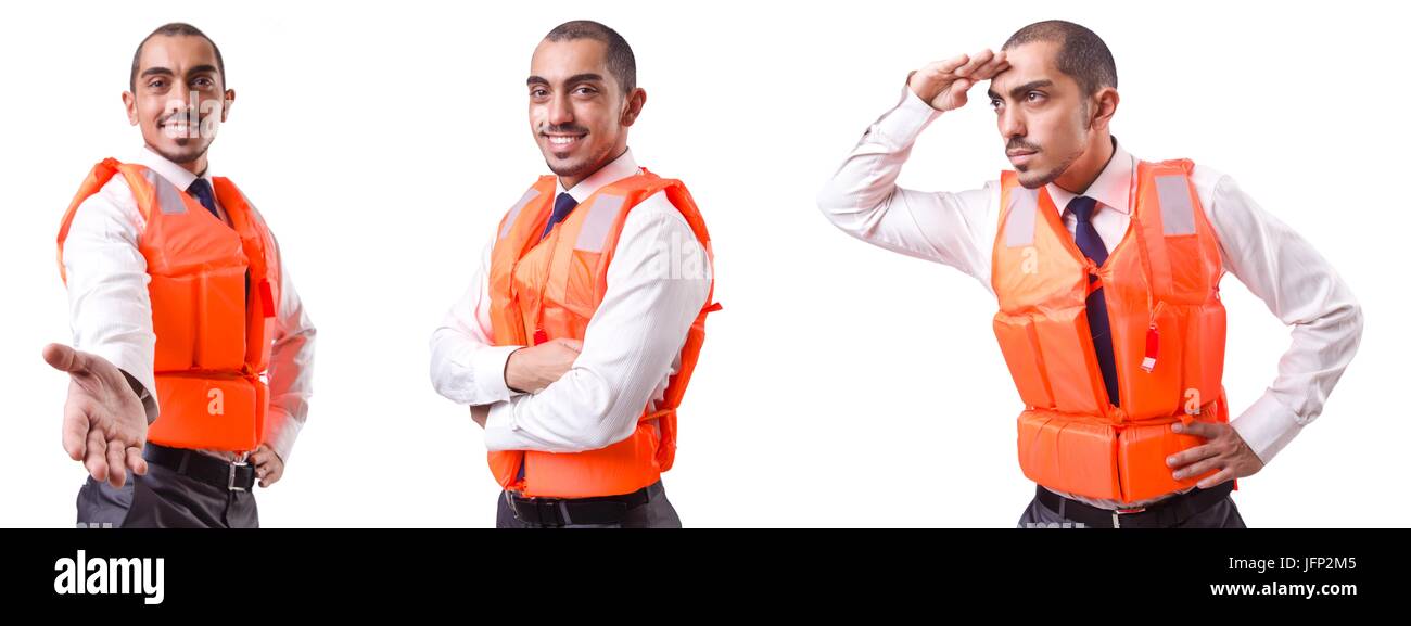 Man in life jacket isolated on white Stock Photo - Alamy