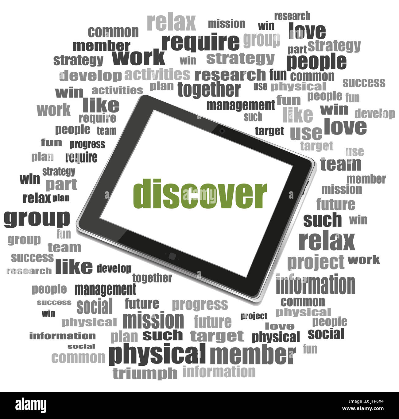 social concept. word discover . Word collage with tablet pc Stock Photo ...
