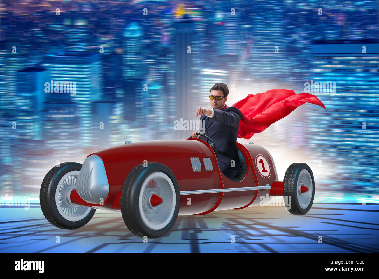 Superhero businessman driving vintage roadster Stock Photo - Alamy